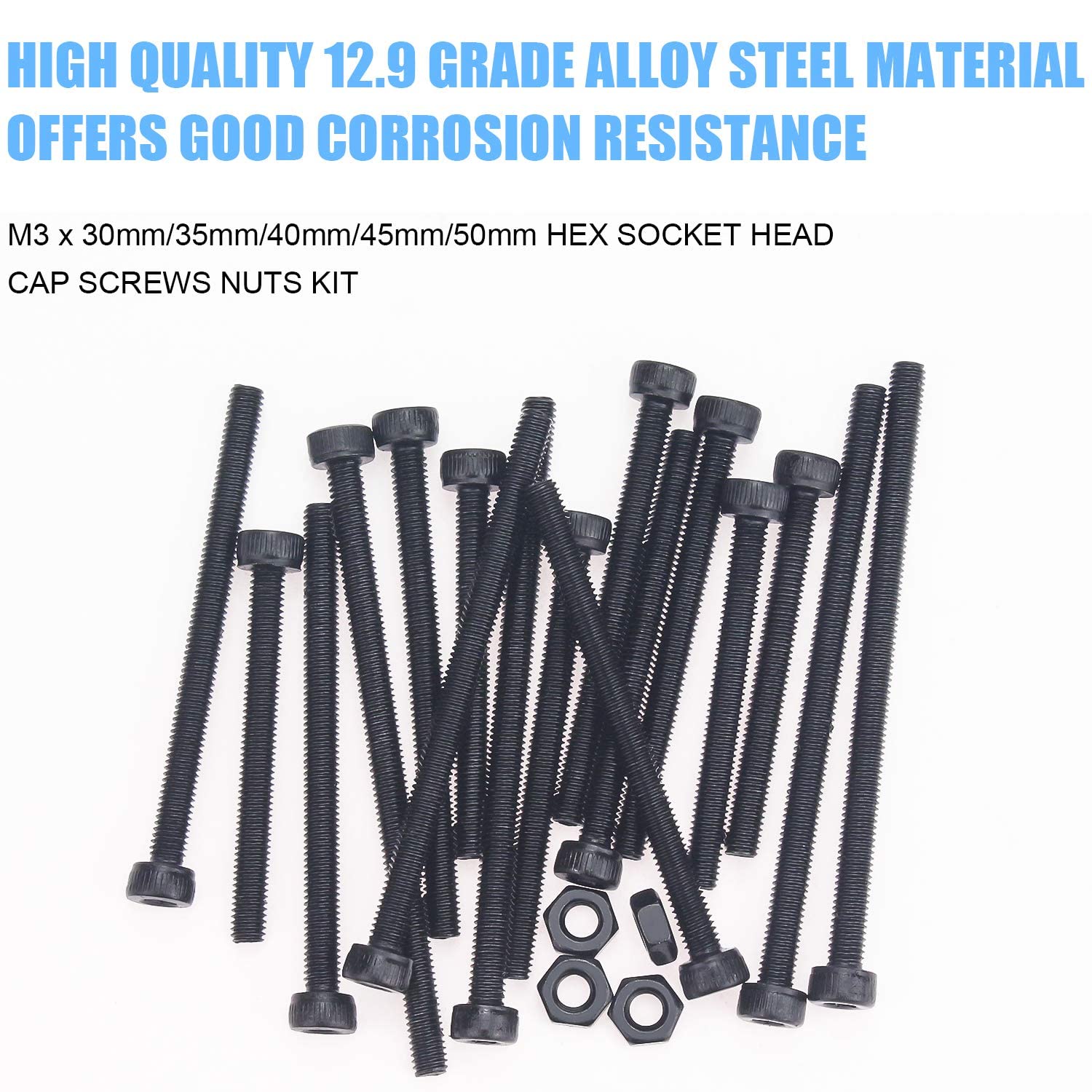 DYWISHKEY 200 Pieces M3 x 30mm/35mm/40mm/45mm/50mm, 12.9 Grade Alloy Steel Hex Socket Head Cap Bolts Screws Nuts Kit with Hex Wrench