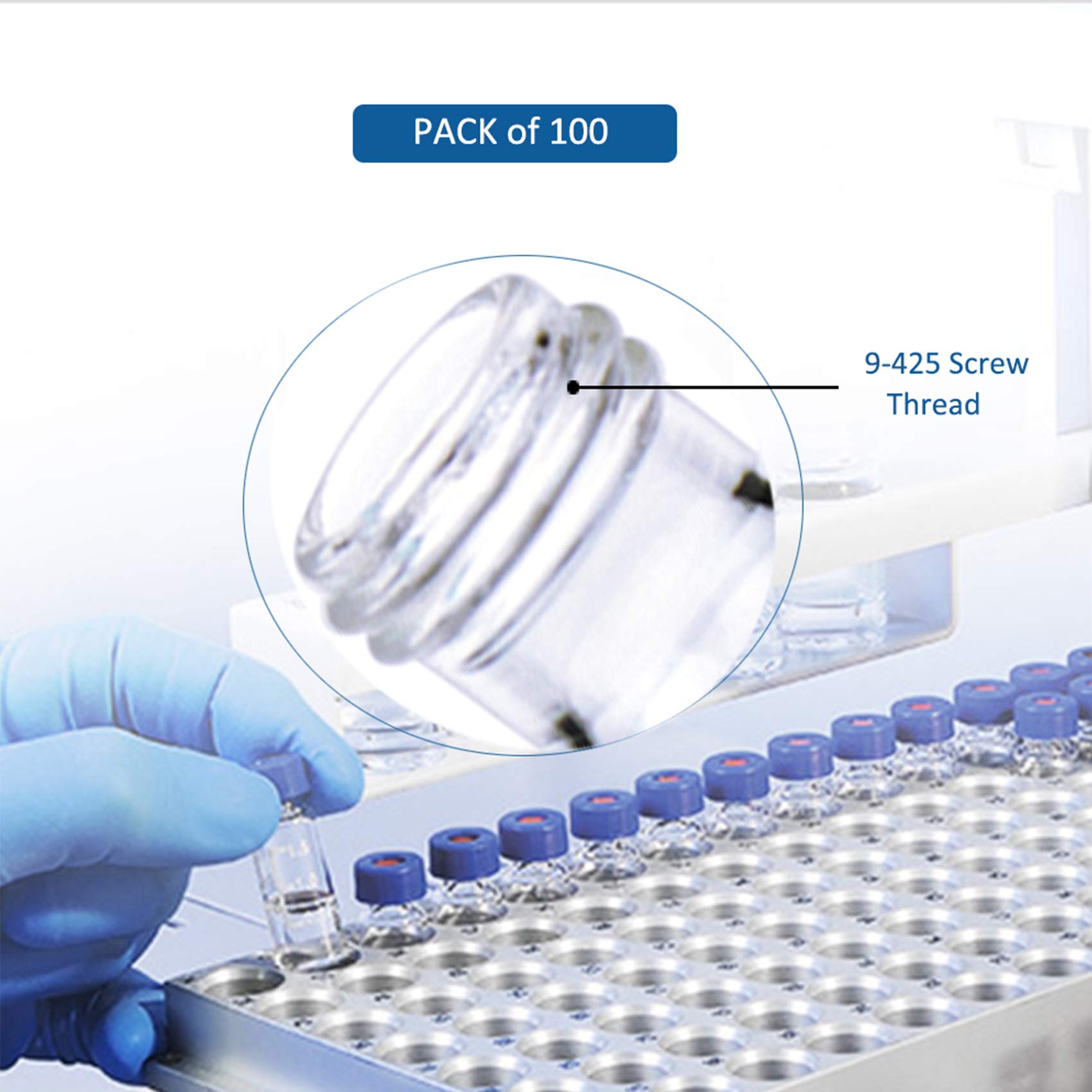 ALWSCI 2 ML 9 mm HPLC Vial,Clear Autosampler Vial, Borosilicate Sample Vial with Graduation, 9-425 Type Screw Threaded Vial, Blue Screw Cap with Hole, Red PTFE&White Silicone Septa, 100 of Pack