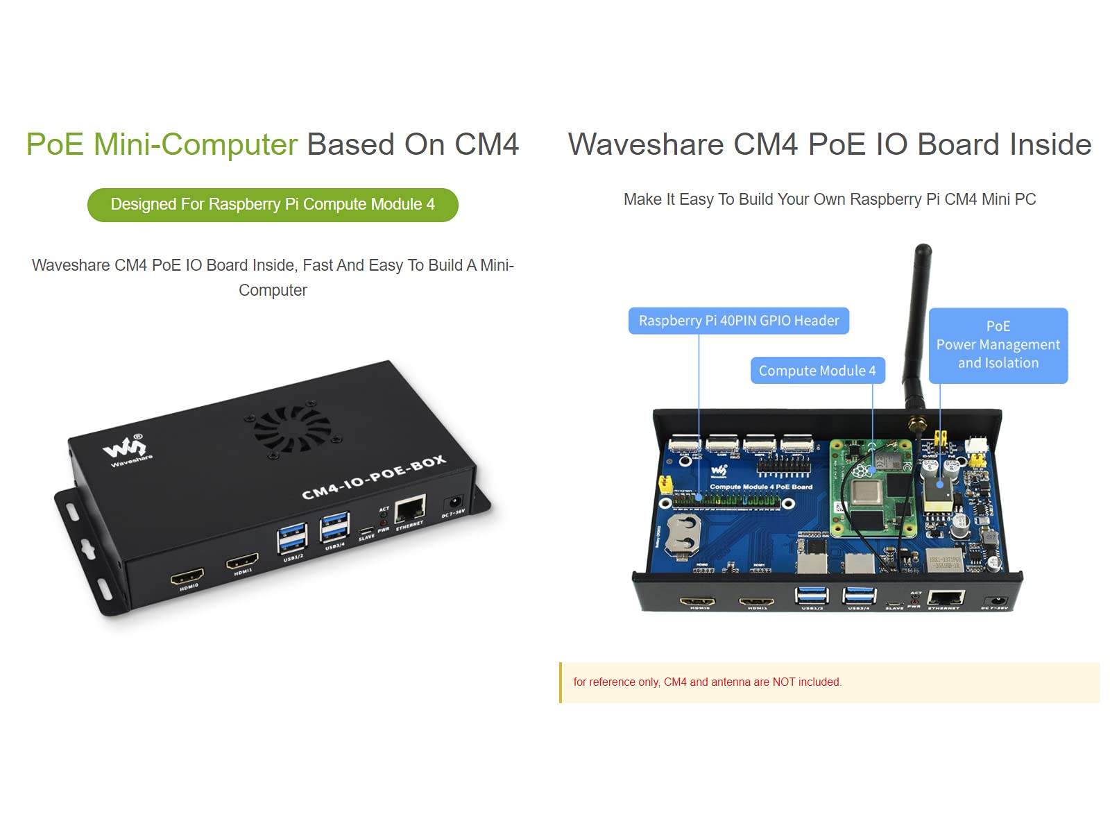 Waveshare PoE Mini-Computer Based On Raspberry Pi Compute Module 4 (NOT Included) Waveshare CM4 PoE IO Board Inside Metal Case with Cooling Fan