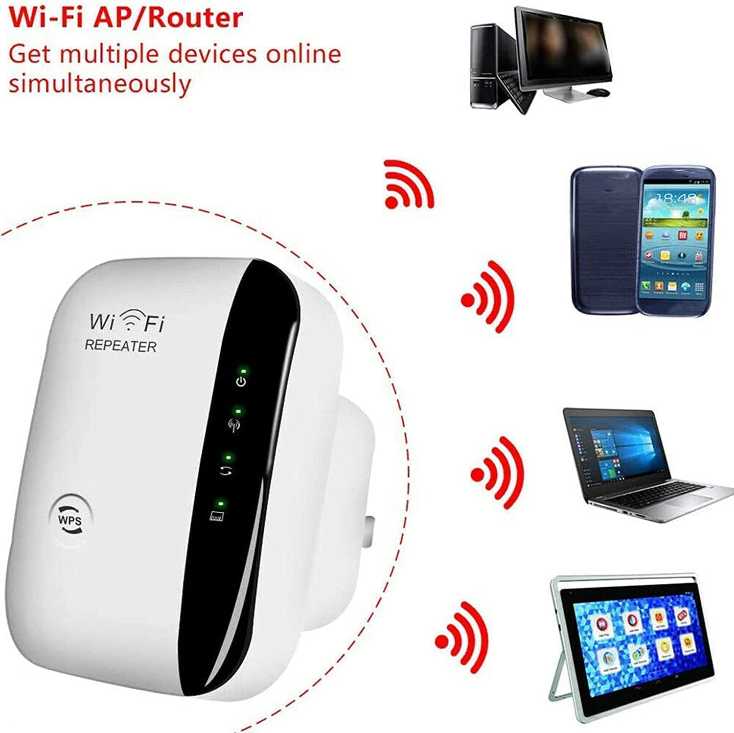 300Mbps WiFi Extender Signal Booster, Wireless Dual-Band Network Repeater, WiFi Range Extender, with Ethernet Port, 1-Tap Setup Access Point,Covers Up to 2640 Square Feet White
