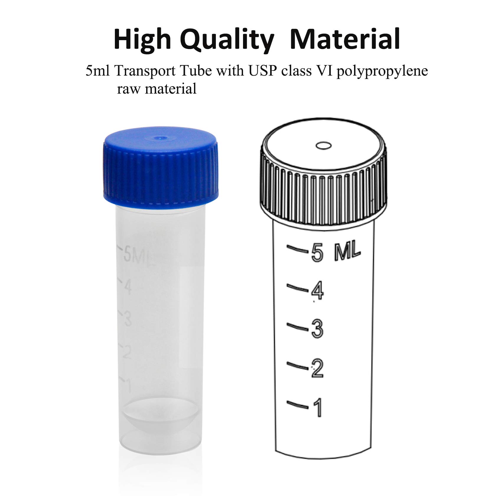 PEKYBIO Sterile Transport Tube, 5 ml Capacity, Molded Graduations, Conical Bottom, Self Standing, with Blue Screw Cap, Non- Pyrogenic, DN/RNase Free, Case of 200