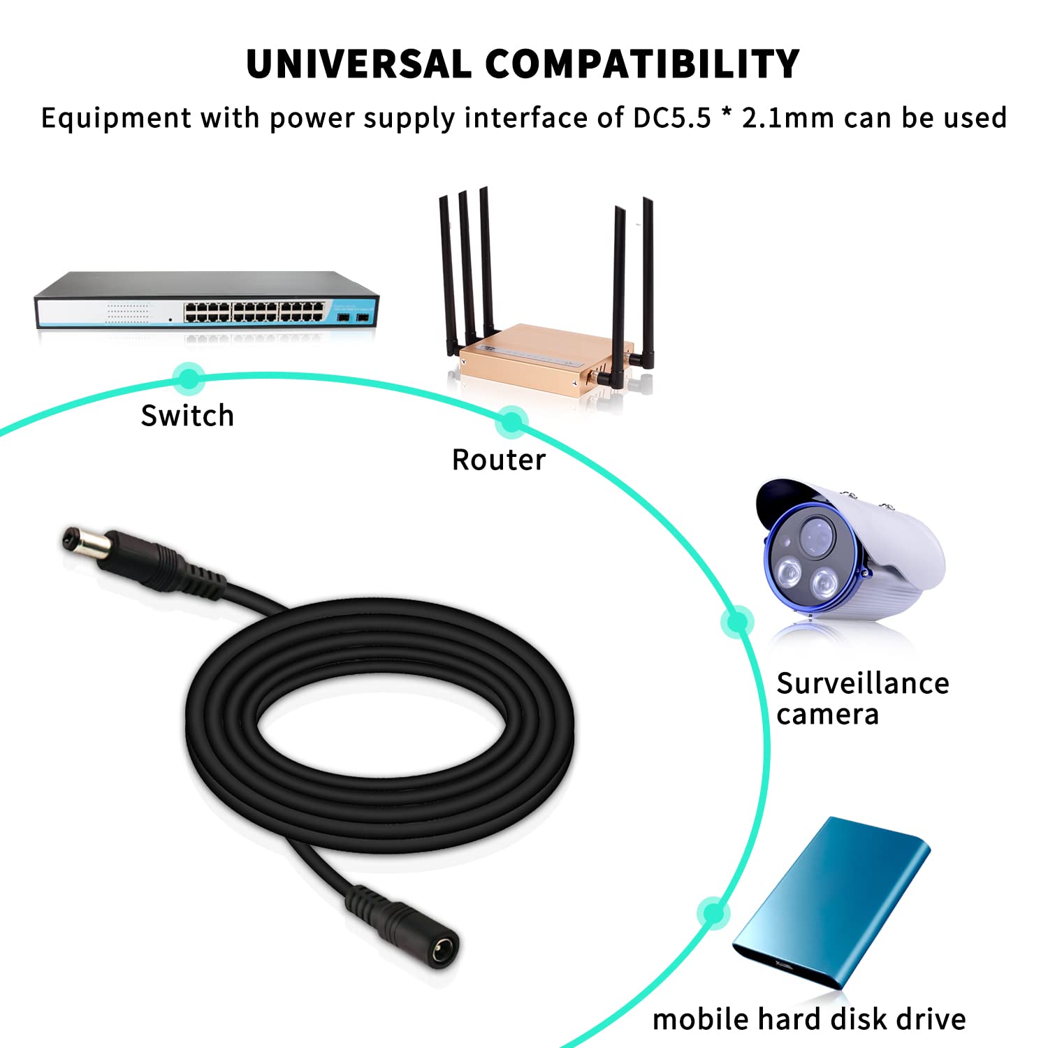 DaFuRui 5Pcs Male to Female DC Extension Cable 3.3ft/1Meter, 5.5mm x 2.1mm Extension Cord DC Plugs Extension Cable 12V Led Extension Cable for CCTV Security Camera and 5~24VDC LED Light Strips