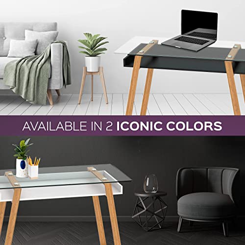 bonVIVO Massimo Small Desk - 43 Inch, Modern Computer Desk for Small Spaces, Living Room, Office and Bedroom - Study Table w/Glass Top and Shelf Space - White