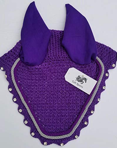 Horse Fly Bonnet with Ears Net Mask Veil with Crystals Blings Hand Made Breathable Cotton Crochet Shows Protect from Bugs and Flies (Full, Purple)