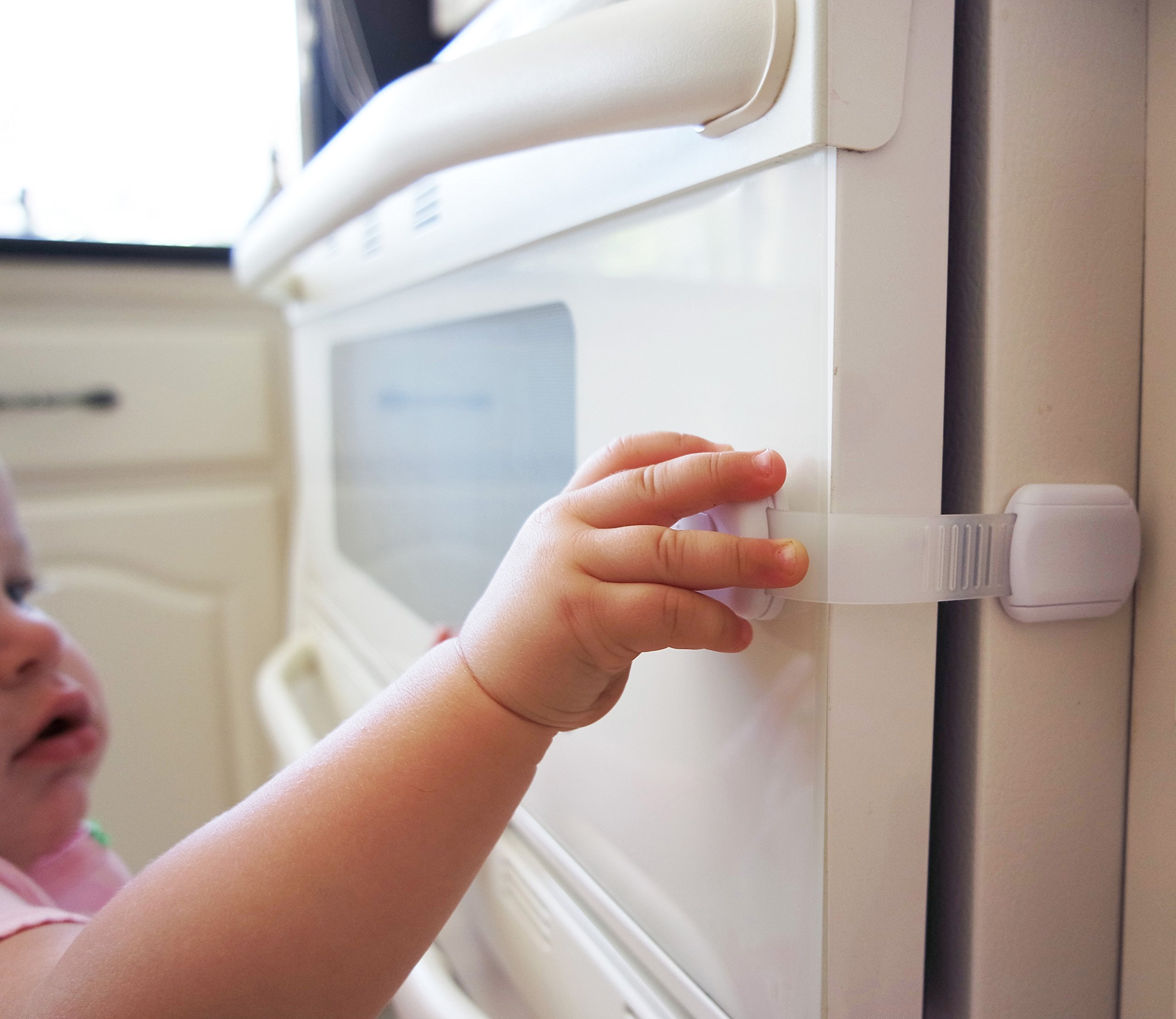Baby Safety Locks | Child Proof Cabinets, Drawers, Appliances, Toilet Seat, Fridge and Oven | Tools Not Required | Uses 3M Adhesive with Adjustable Strap and Latch System (6-Pack, White)