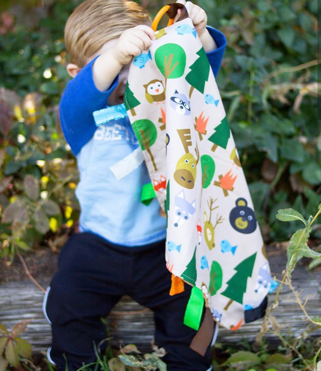 Baby Sensory, Security & Teething Closed Ribbon Tag Lovey Blanket with Minky Dot Fabric: 14”X18” (Forest)