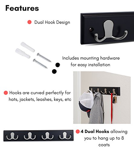 BirdRock Home Dual Hook Coat and Hat Rack - 4 Dual Hooks - 17 Inches - Wall Mount - Decorative Home Storage - Entryway Foyer Hallway Bathroom Bedroom Rail - Satin Nickel Hooks - Black Pine Bathroom Ra