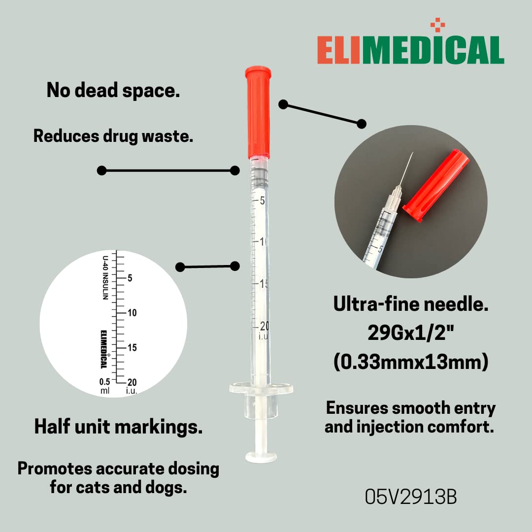 Elimedical Veterinary Insulin Syringe, U-40 (40IU), 0.5cc (ml), 29g x ½ inch (12.7mm), Half Unit Marking, Individually Packed, for Pet Cat or Dog, 100 per box, 05V2913B