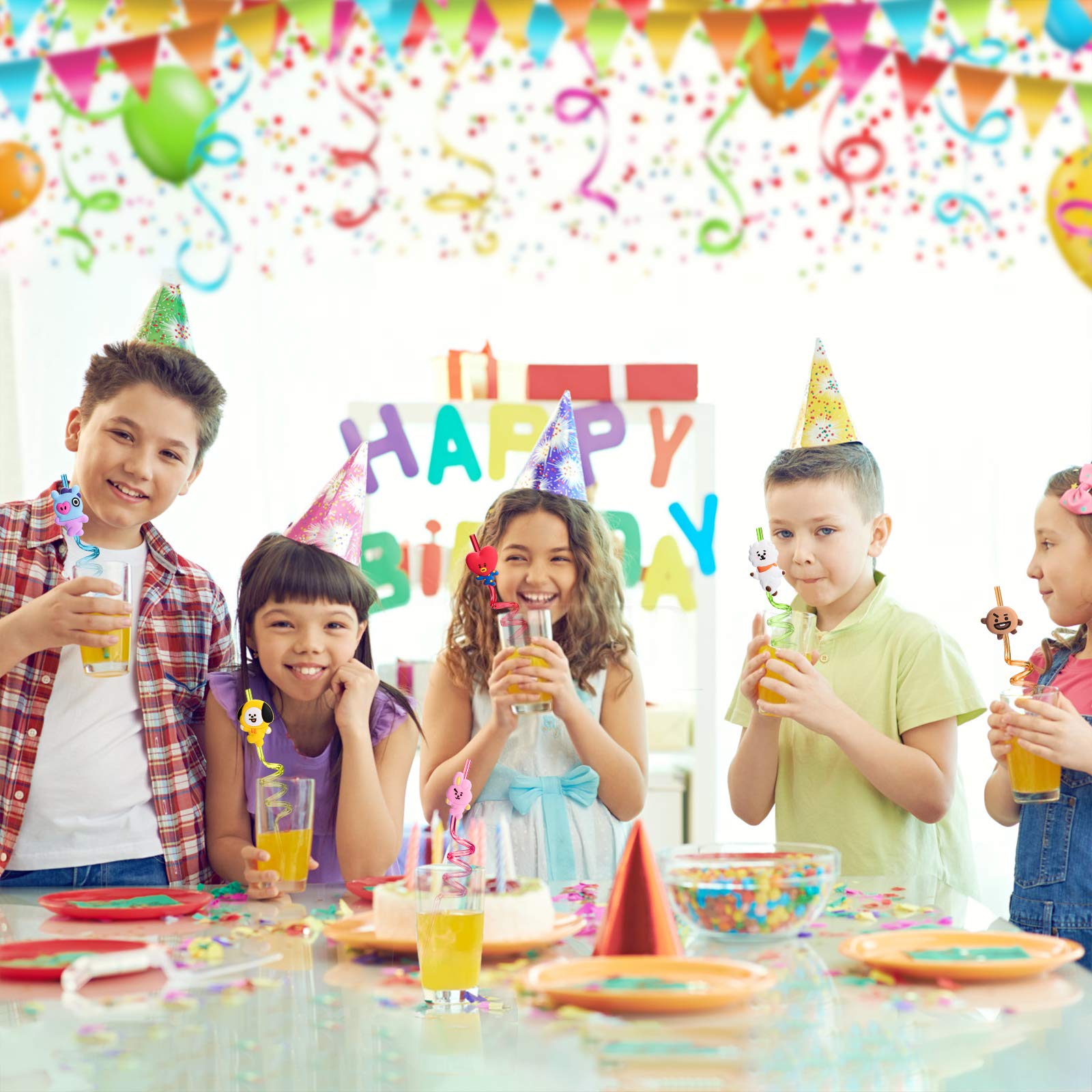 24 BTS Straws with 2 Cleaning Brush 6 Designs Great for Birthday as Party Favors and Party Supplies