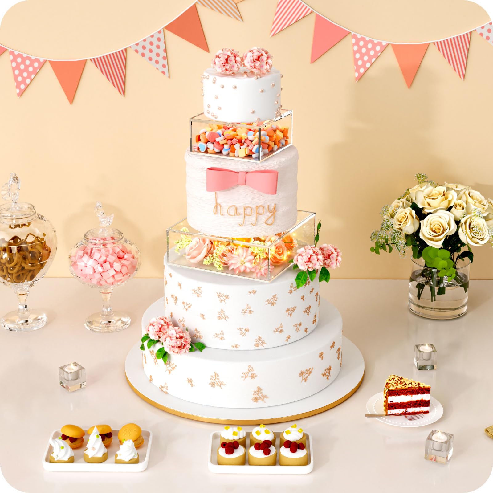 2PCS Clear Acrylic Cake Stand, Fillable Cake Box Riser Cake Tier, Square Cake Display Box with Lid, Decorative Centerpiece Box for Wedding Birthday Party (2pcs, 10" Dx4β H; 6" Dx4β H, 2M LED Lights)