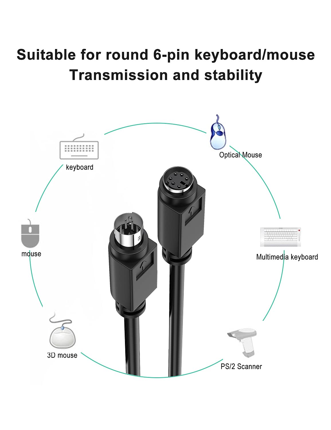 JUXINICE PS/2 Cable 6ft - Shielded Mini DIN 6-Pin Male to Male for PC Mouse & Keyboard - Black (PS/2 M/M 6FT 2M)