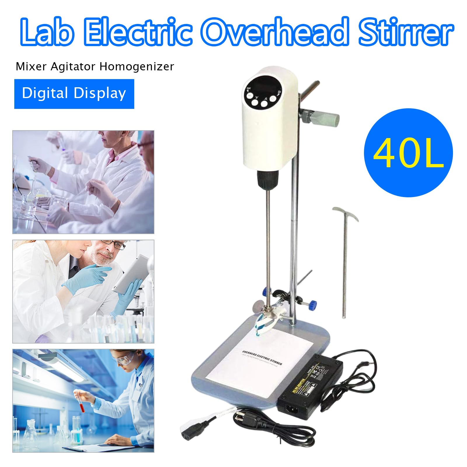 130W Lab Stirrers 40L Overhead Stirrer Lab Mixer Stirrer 100-2000Rpm Lab Electric Overhead Stirrer Mixer Agitator Homogenizer + Digital Display