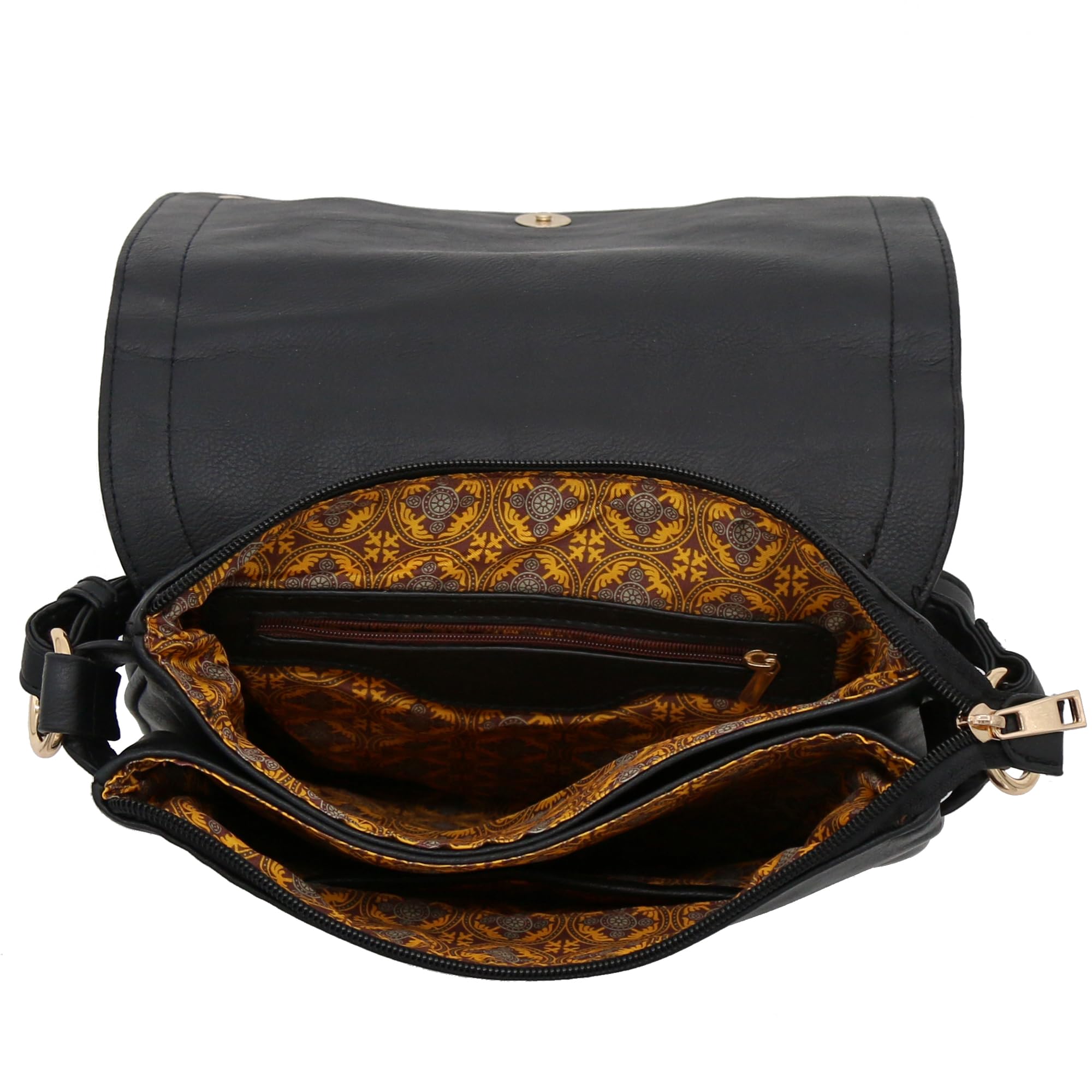 ALYSSA Double Compartment Large Flapover Crossbody Bag with Colorblock Straps (Black/Brown)