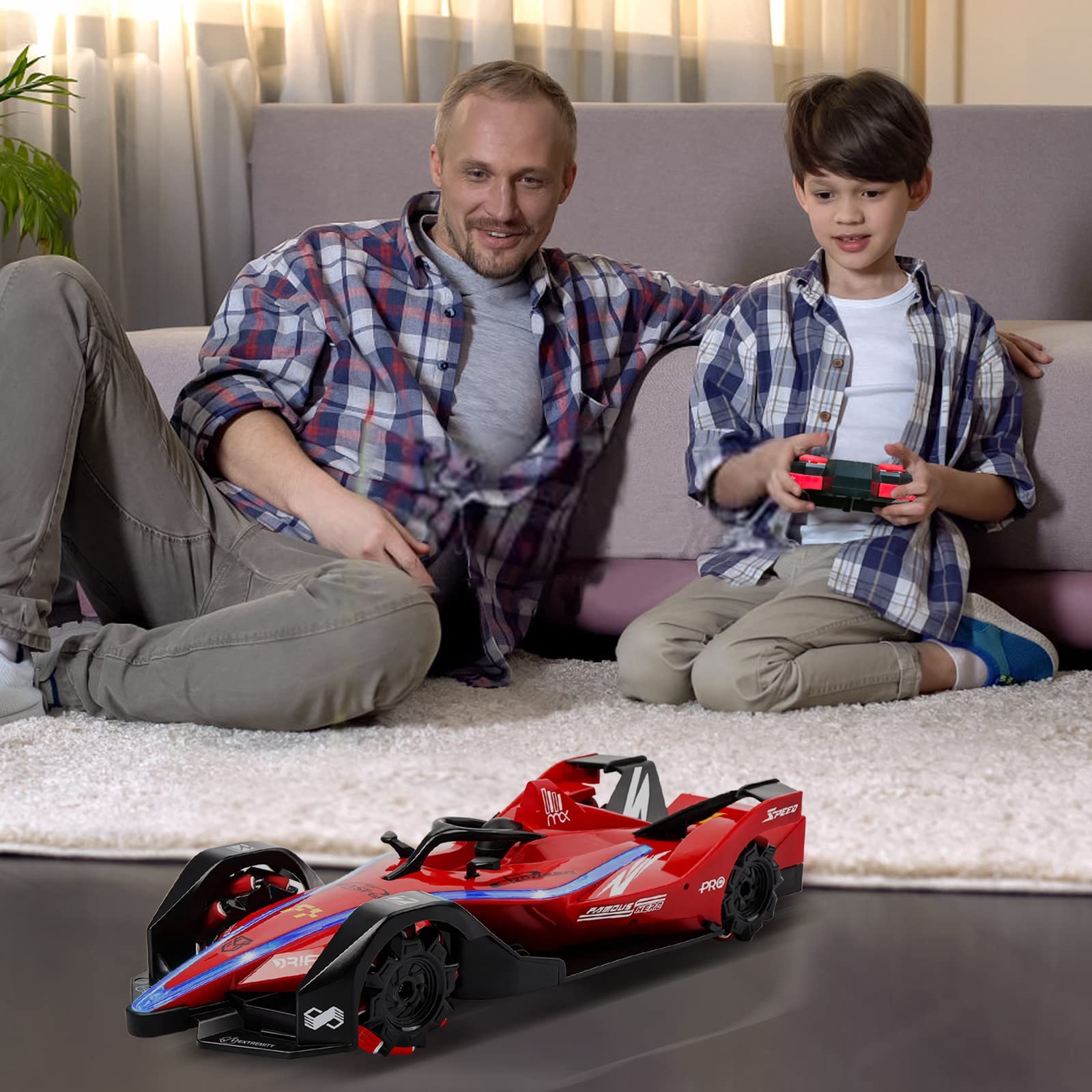 Agekub F1 Remote Control Car Drift RC Stunt Car for Kids 360°Rotating 2.4GHz Race Car Lights Music Spray Hand RC Car Gift for Boy Kids with 2 Batteries