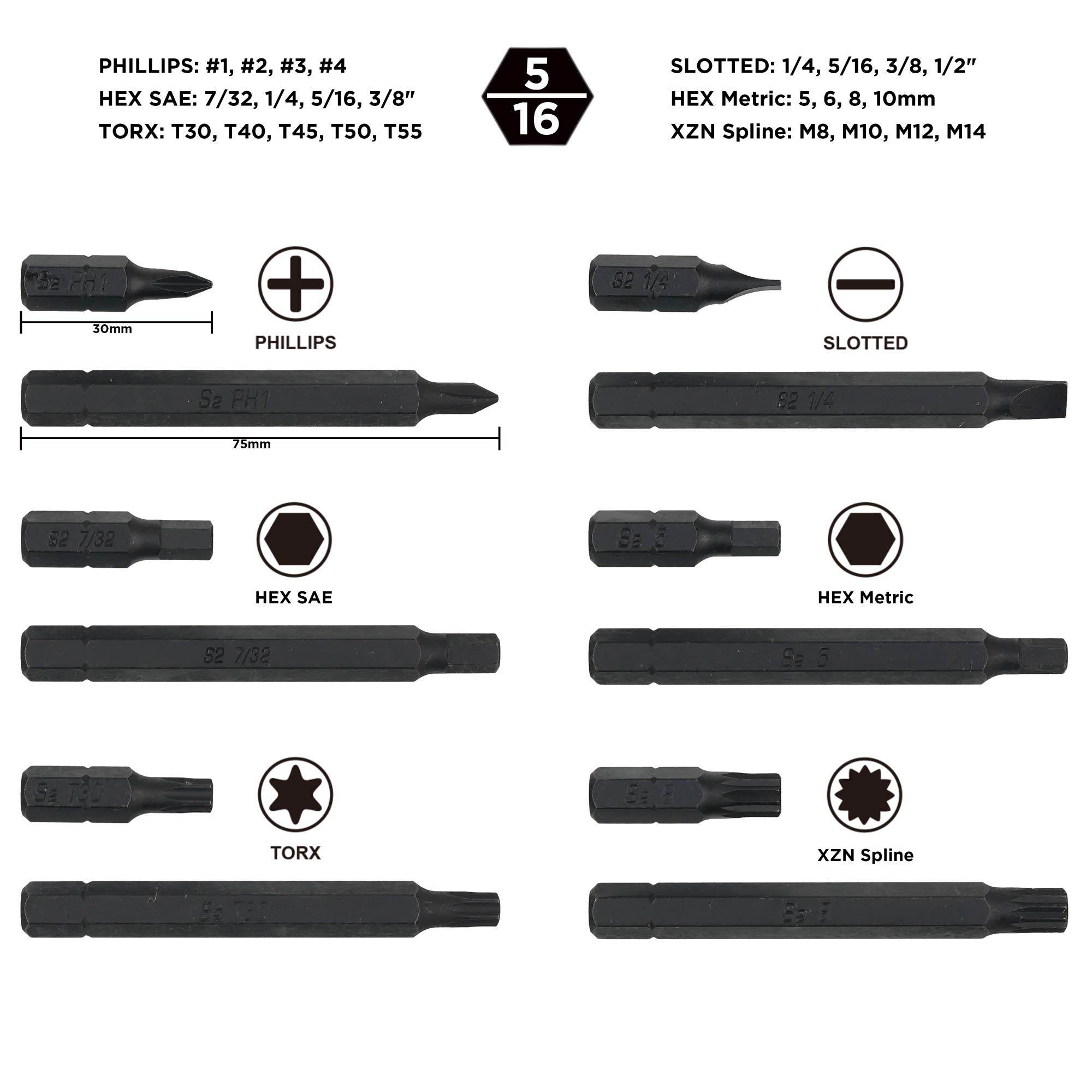 KAIFNT K459 Impact Driver Sturdy Bit Set with Adapters, 5/16-Inch Hex Shank, 53-Piece