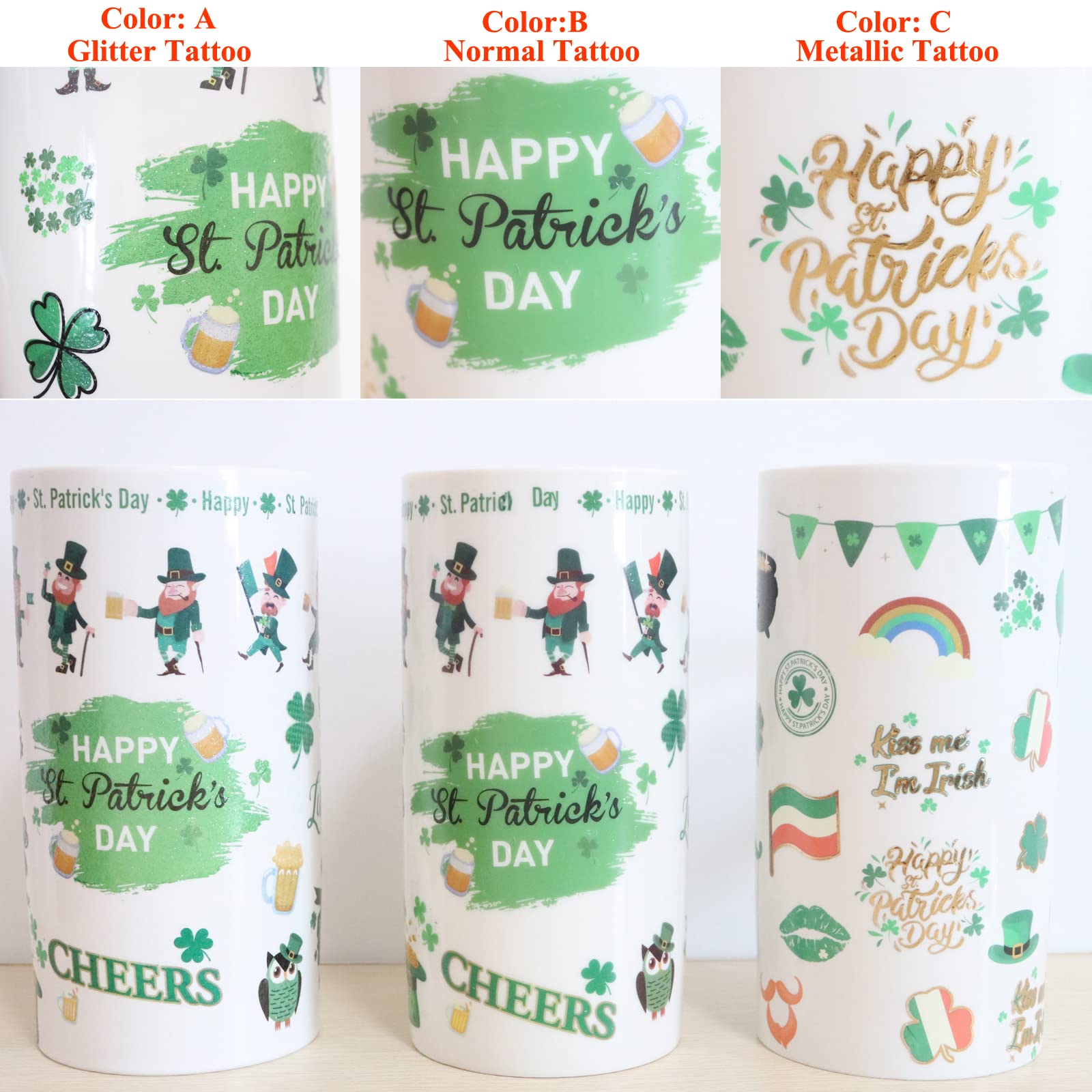 CLOOOUDS 4 Sheets St. Patrick’s Day Temporary Tattoo Stickers,Tattoo Stickers For Kids, Adults, St Patrick Day, Party