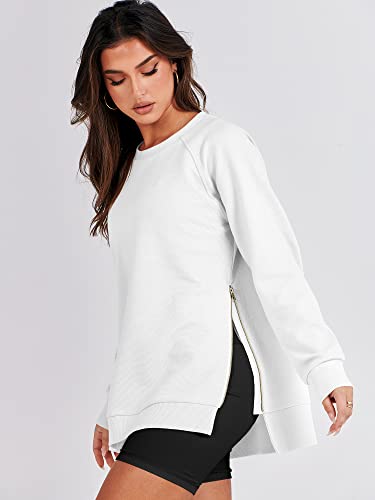 ANRABESS Women's Oversized Sweatshirts Long Sleeve Tunic Tops Crew Neck Soft Pullover With Side Zipper Shirt Trendy Clothes 2023 A1073-baise-M White