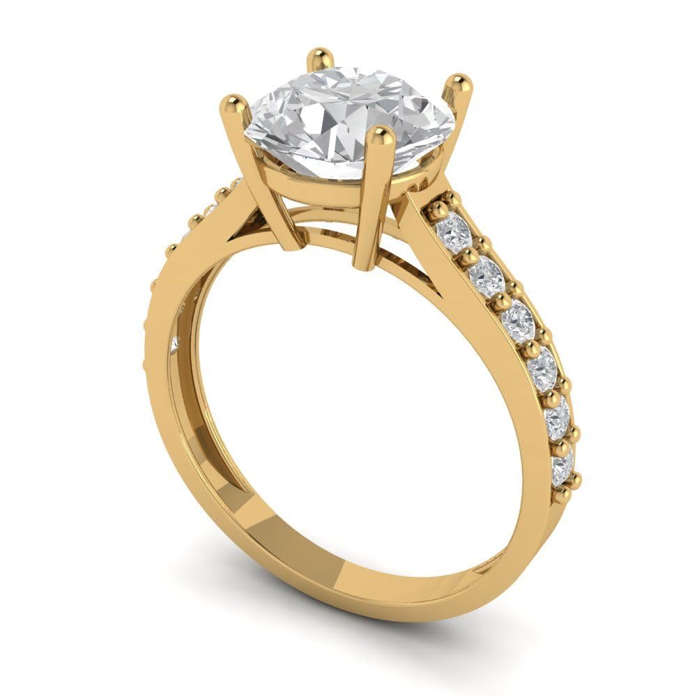 2.18 Ct Round Cut Clear Simulated Diamond 14K Yellow Gold Solitaire with Accents Engagement Anniversary Ring Size 7.5
