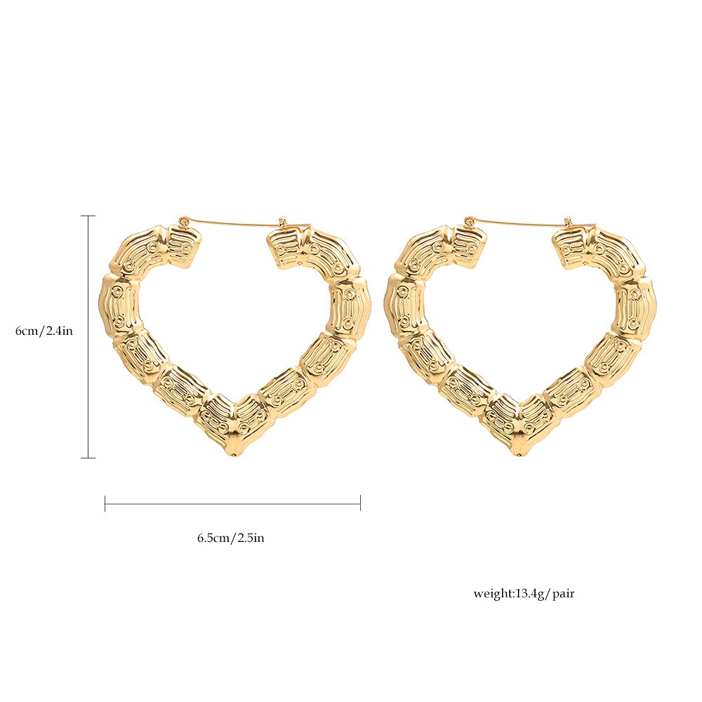 3 Pairs Gold Tone Large Bamboo Style Hoop Earrings for Women Round Circle Statement Hip-Hop Earrings-heart