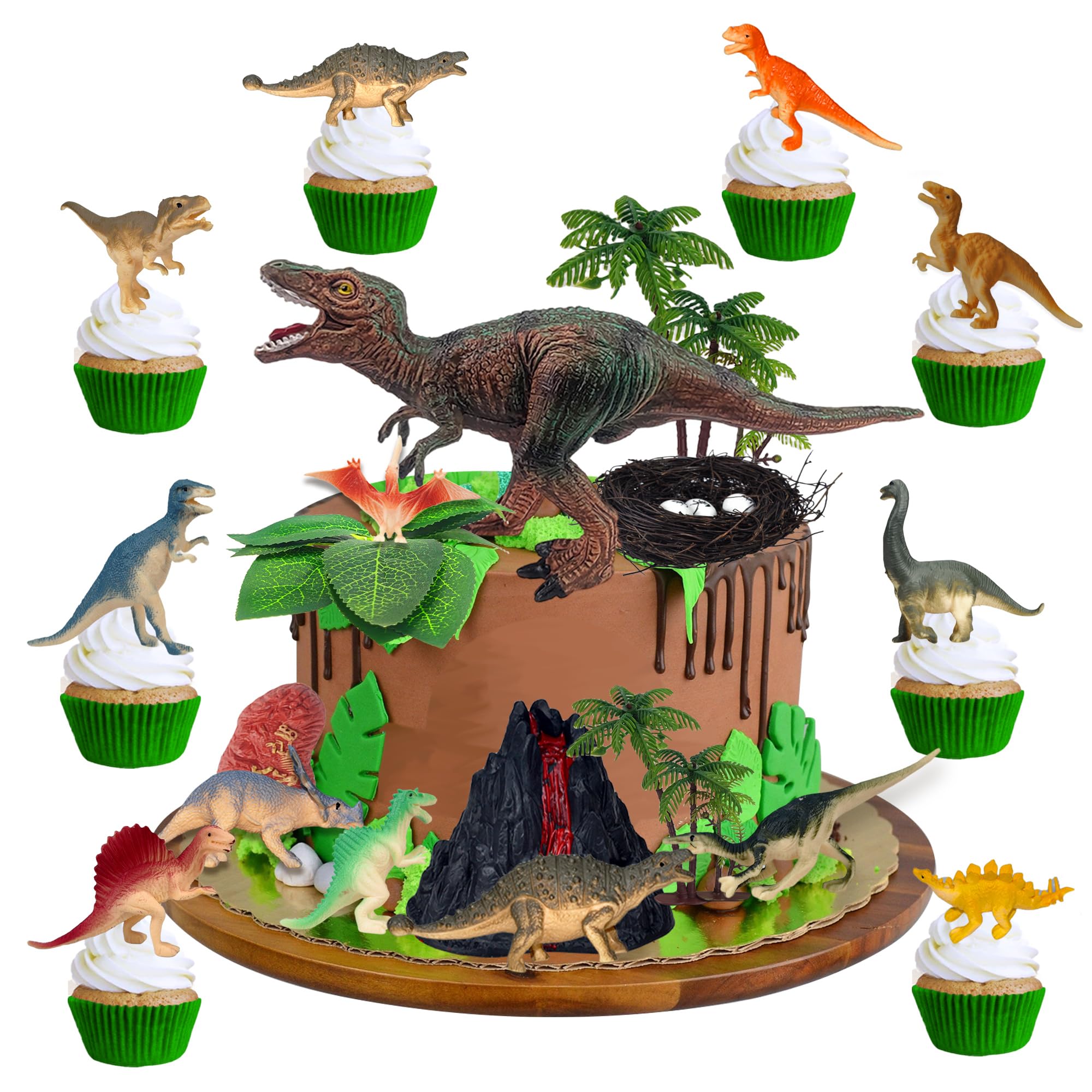 29 PCS Dinosaur Cake Toppers with Dinosaur Eggs Volcano Trees cake Decorations for Dinosaur Birthday, Boys Girls dinosaur birthday Party Cake Decorations