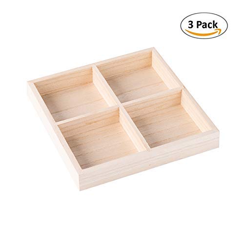 Hammont Four Sections Wooden Tray - 3 Pack - 7’’x7’’x1.22’’ - Square Wood Serving Tray with Four Simple Designed Compartments