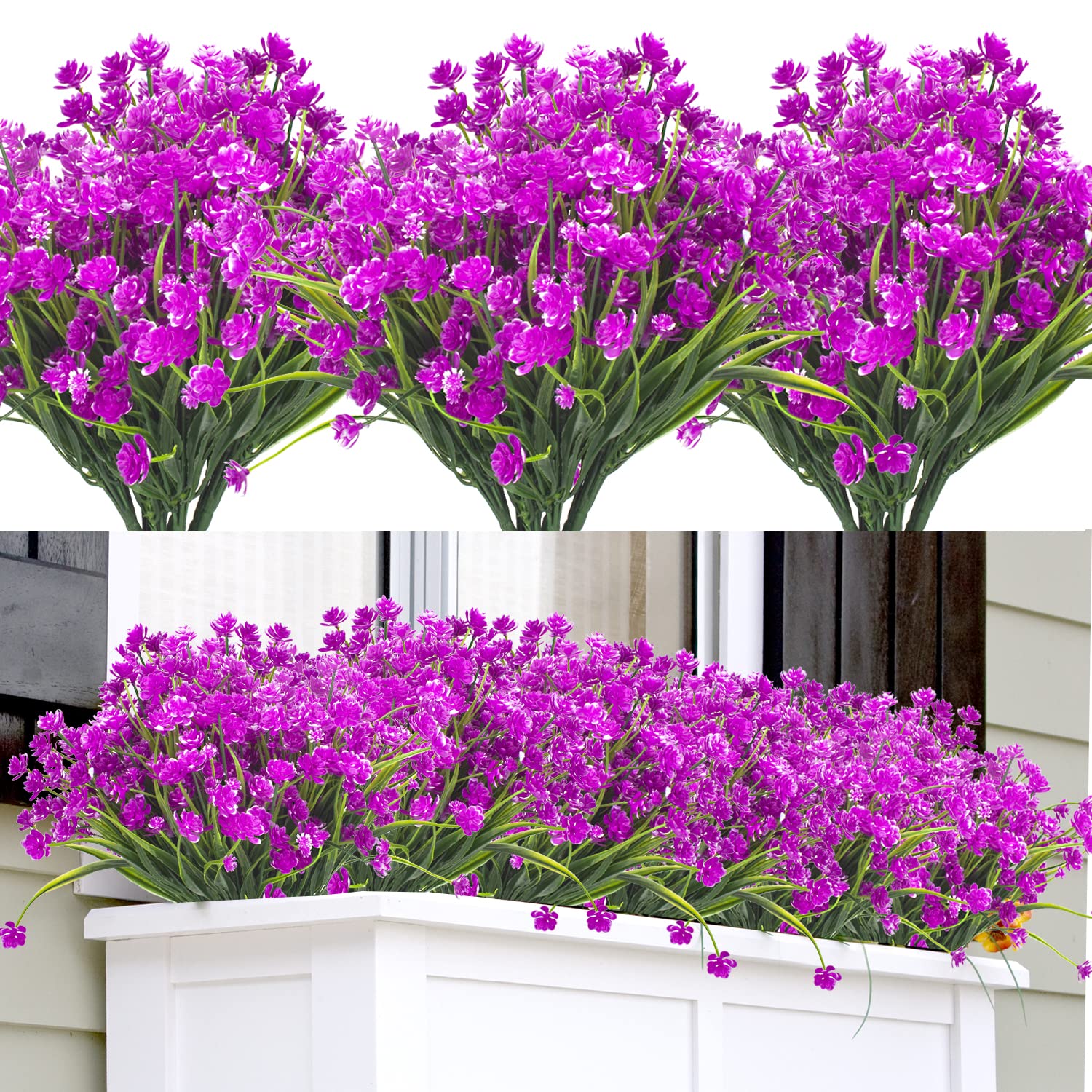 Artificial Fake Flowers, 4 Bundles Outdoor UV Resistant Greenery Shrubs Plants Indoor Outside Hanging Planter Home Garden Décor(Purple)