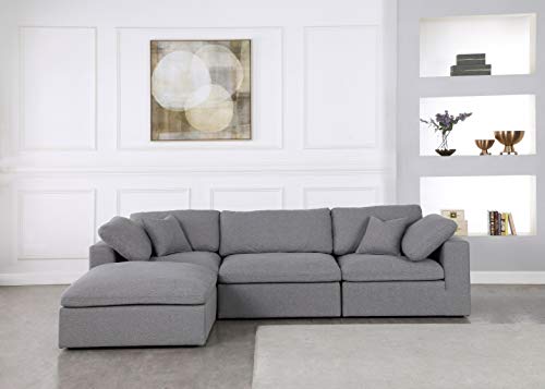 Meridian Furniture Serene Collection Modern | Contemporary Deluxe Comfort Modular Sectional, Soft Linen Textured Fabric, Down Cushions, 2 Corner + 1 Armless + 1 Ottoman, Grey