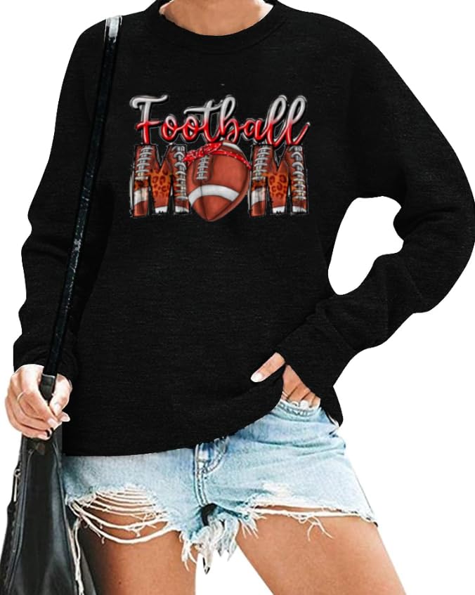 ALLTB Football Mom Sweatshirts for Women Football Graphic Print Pullover Sports Casual Crewneck Long Sleeve Shirt Black