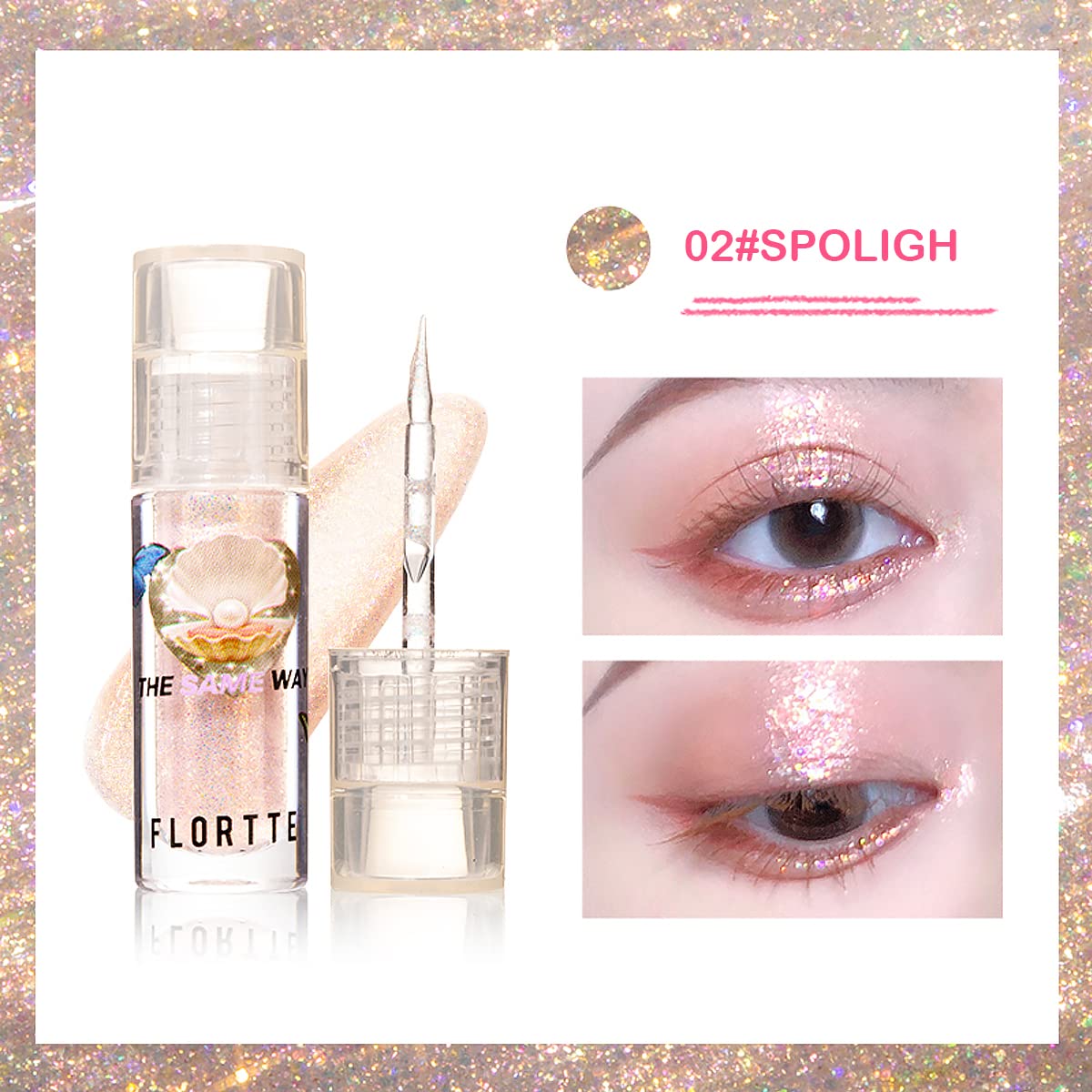 2PCS Flortte Liquid Glitter Eyeshadow, Korean Makeup Star Diamond Streamer Liquid Eyeshadow, Bling Pigmented Eye Makeup Sparkling Korean Eye Glitter, Easy to Apply Liquid Glitter Eyeshadow, Long Lasting Glitter Eyeliner Liquid Shimmer Eyeshadow (02+03)