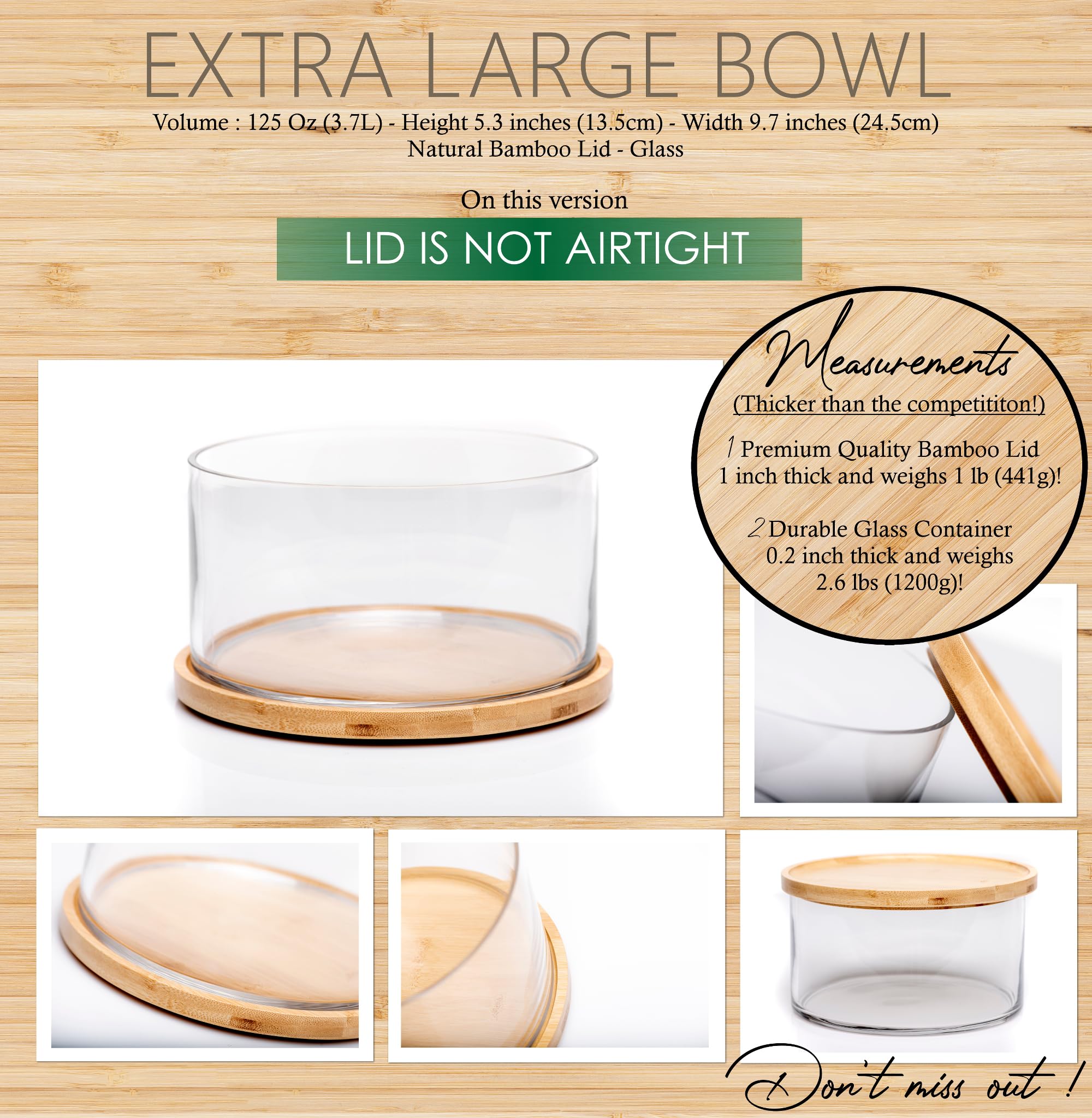 25DOL XXL 125 Ounces Clear Glass Salad Bowl Dish with Dual Function Bamboo Lid - Extra Large Mixing Bowl with Lid for Salads, Dessert, Fruit, Punch - Centerpiece Large Serving Bowls for Entertaining