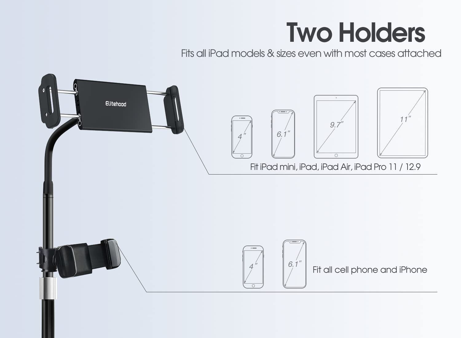 elitehood Tablet Stand Holder, Angle Height Adjustable Phone & Tablet Holder for Desk, Thick Case Friendly iPad Holder Stand Compatible with 4.7-13" iPad, iPad Pro 12.9 Air Mini 4, Tab, Nexus, Kindle
