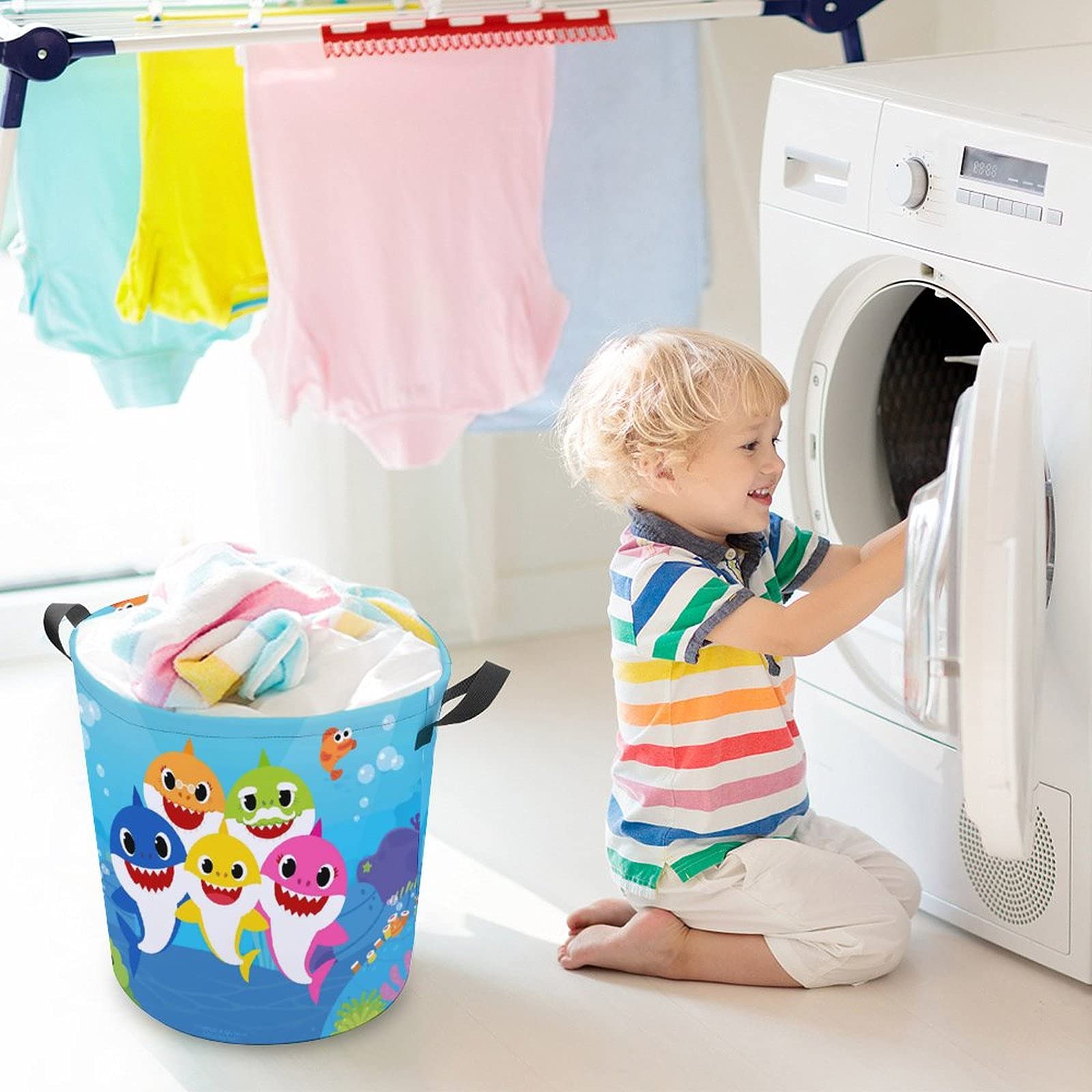 WINKO Baby S-hark Dirty Clothes Hamper Circular Waterpoor Foldable Hamper Dirty Clothes Laundry Basket Storage Bag with Durable Handle for Bedroom,Bothroom,Toys