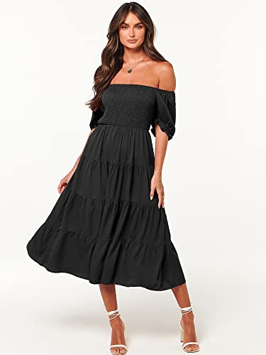 ANRABESS Women's Casual Summer Midi Dress Puffy Short Sleeve Square Neck Smocked Tiered Boho 2023 Spring Dresses for Wedding Bridal Shower 877heise-M Black