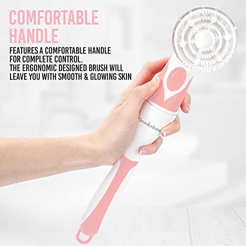 Brookstone 6 Piece Electric Body Bath Brush | Long Handled Body Scrubber and Facial Cleansing Brush | Battery Powered Shower Brush with 4 Spin Brush Heads