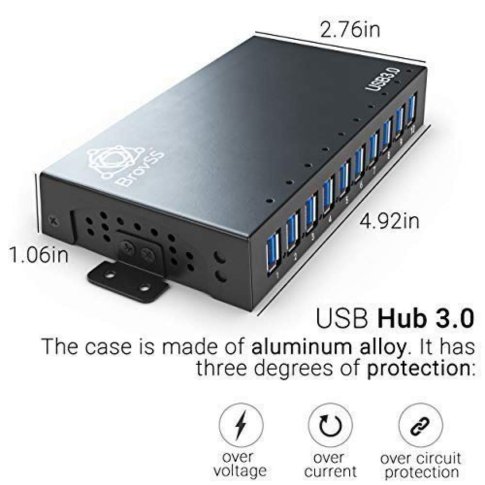 BrovSS: 10 Port Powered USB 3.0 Hub Aluminum - USB Hub Charger - Multiple Port Splitter Hub with 12V 5A 60W Power Adapter with USB Cable for Apple, Laptop, PC, USB Flash Drives, HDD Hard Drive (Black)