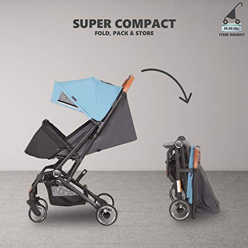 Evolur Baby Stroller Compact Lightweight Urban City Stroller with Anti UV Treatment and Mesh Material with Large Basket for Storage, Blue
