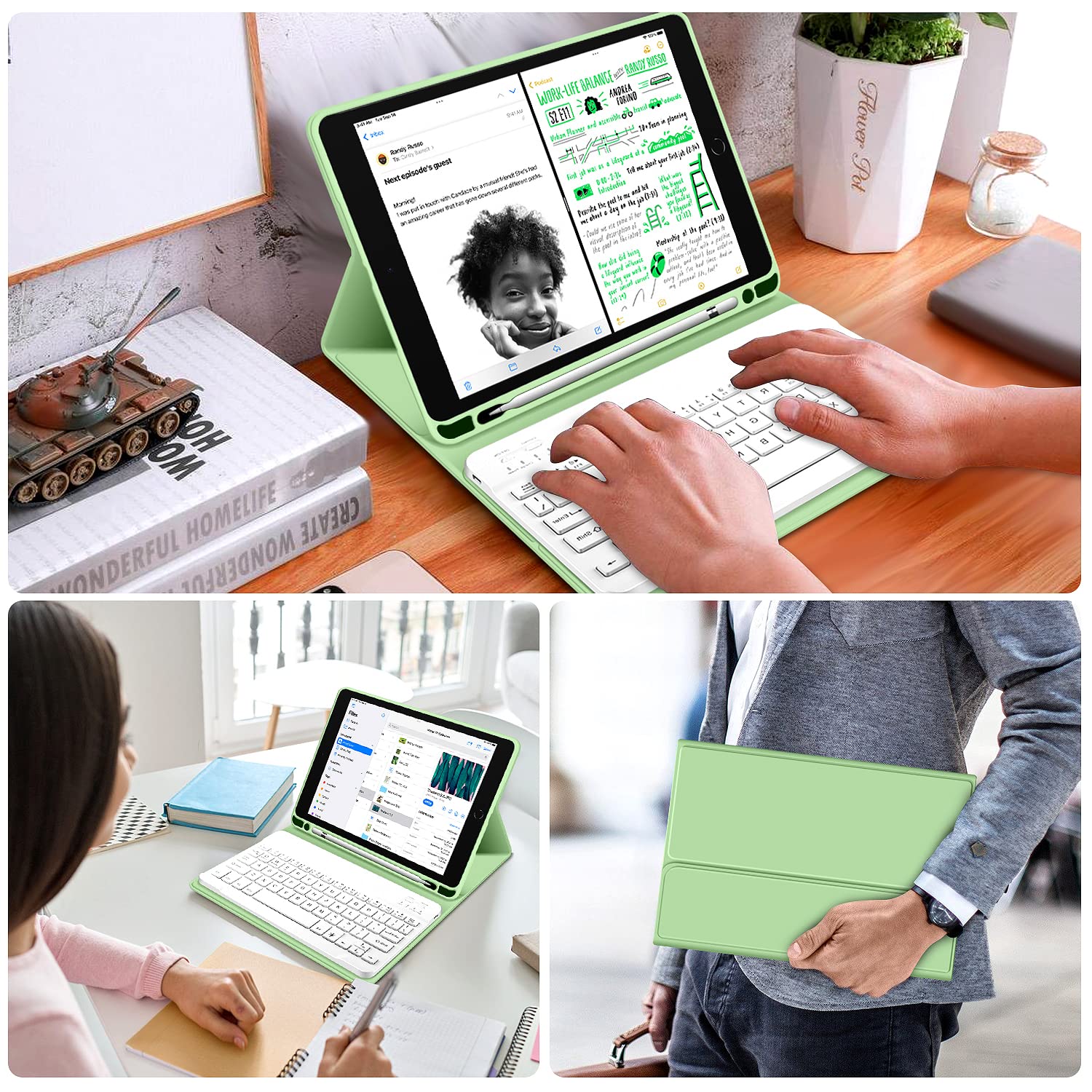 kenke Keyboard Case for iPad 9.7 inch 2018 (6th Gen) / iPad 2017 (5th Gen) / iPad Air 2/1, Lightweight Smart Cover with Pencil Holder, Magnetically Detachable Wireless Keyboard, Green