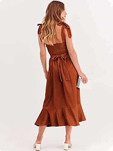 ANRABESS Women's Satin Formal Dress Square Neck Ruffle Split Midi Bridesmaid Dress for Wedding Guest Cocktail Party A1008jiaotang-M Caramel