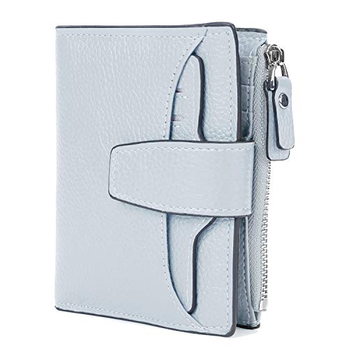 AINIMOER Women's RFID Blocking Leather Small Compact Bi-fold Zipper Pocket Wallet Card Case Purse with id Window (Lichee Grayish White)