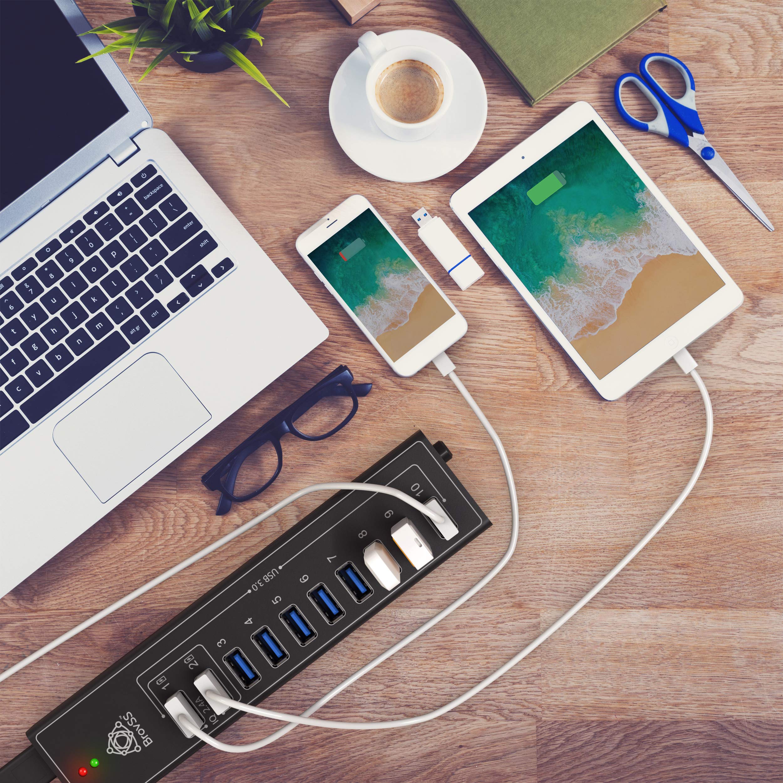 BrovSS: 10 Port Powered USB 3.0 Hub Aluminum with 4 IQ Ports - USB 3 Splitter with 12V 3A 36W Power Adapter. Connect up to 10 Electronics and USB peripherals (Black)