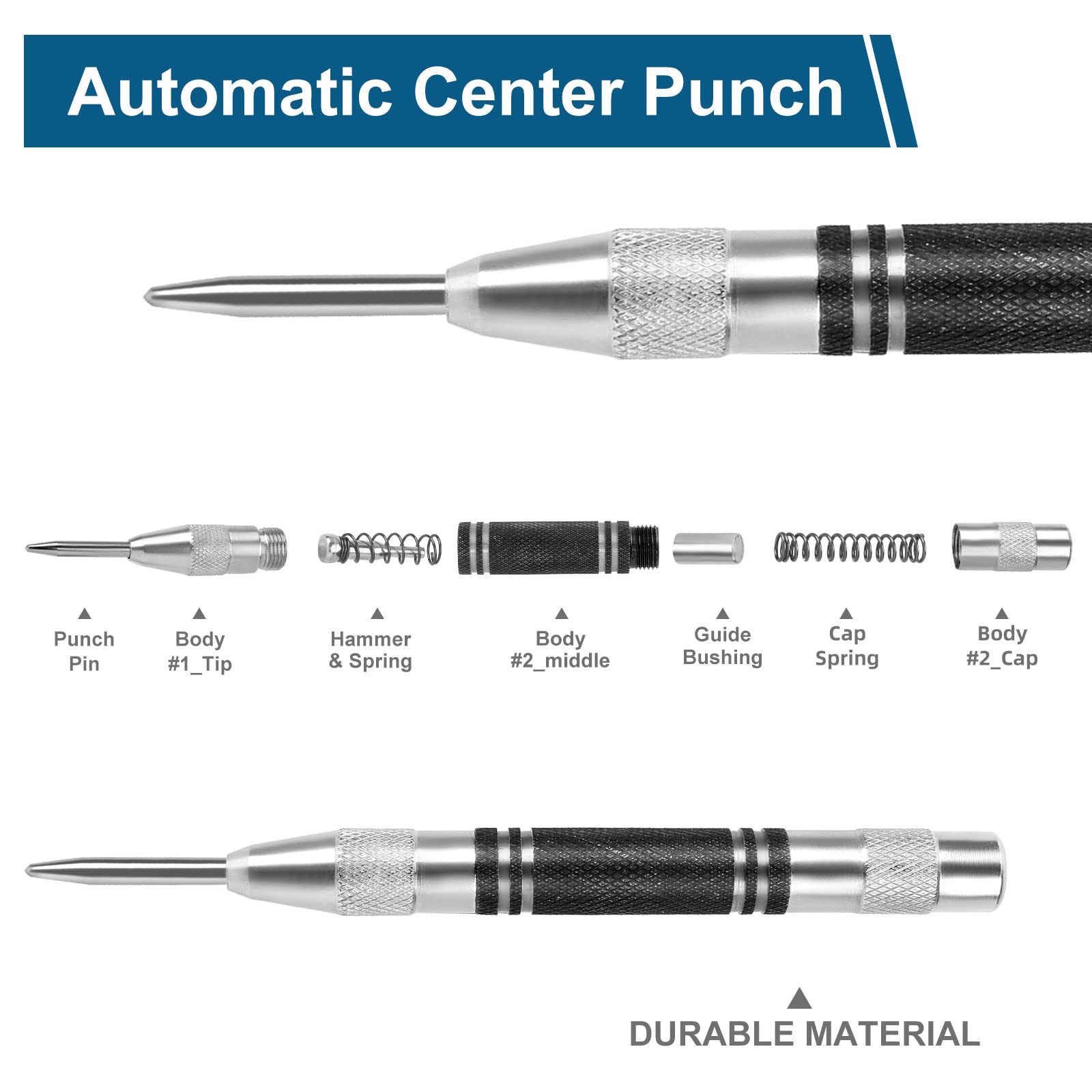 2Pcs Heavy Duty Automatic Center Punch, 5'' Premium Steel Spring Loaded Center Hole Punch, Adjustable Spring Impact Center Marker Scriber Tool for Metel, Plastics, Wood, Glass by karmiero