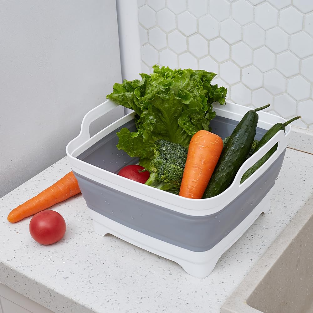 2.4 Gal(9L) Collapsible Dish Basin with Drain Plug, Space Saving Outdoor Multiuse Foldable Sink Tub, Dishpan, Kitchen Storage Tray for Camping, Vegetable Washing, RV (Grey)