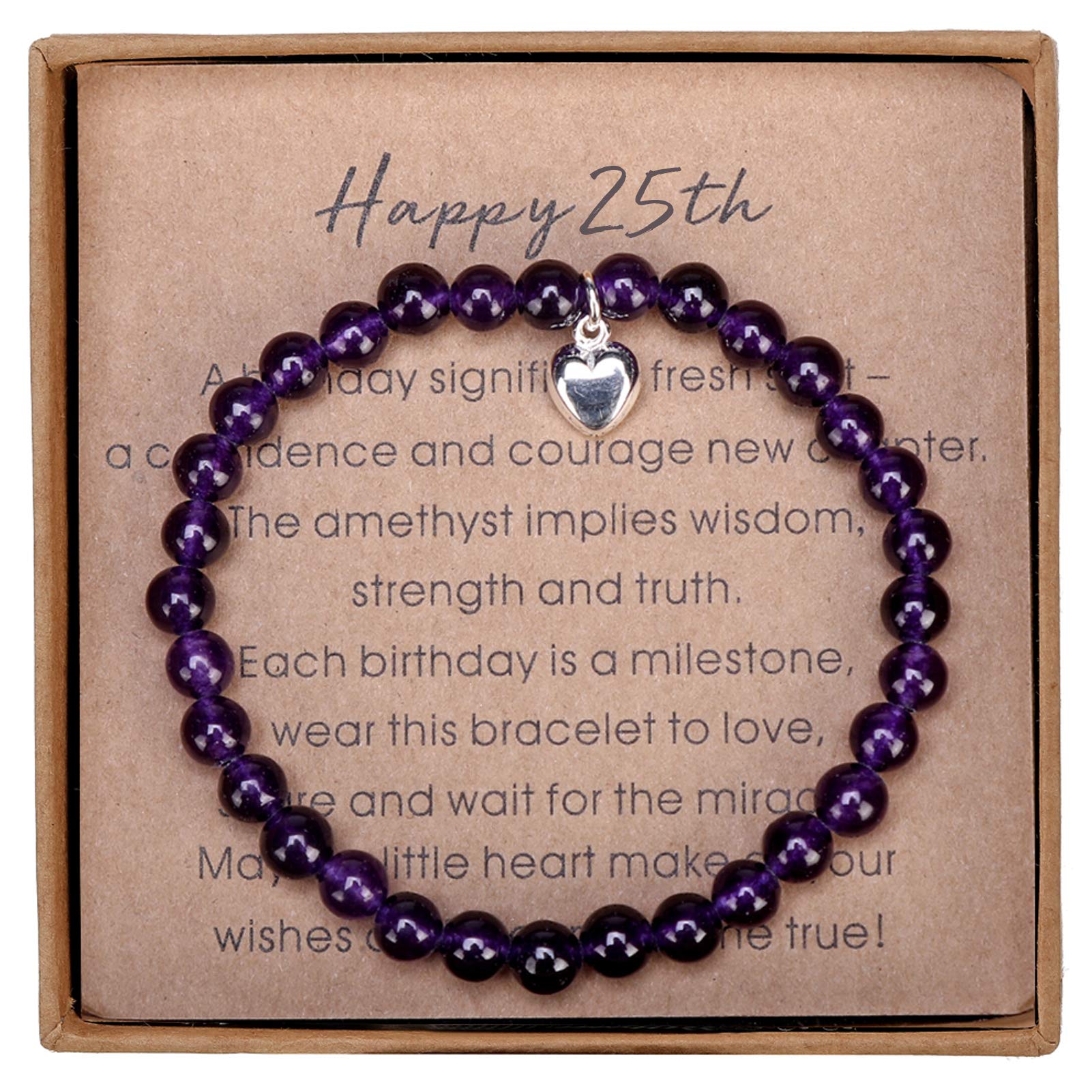 25th Birthday Gifts for Women Amethyst Bead Bracelet with Sterling Silver Heart Charm Happy 25th Birthday Gifts for Her with Card and Gift Box