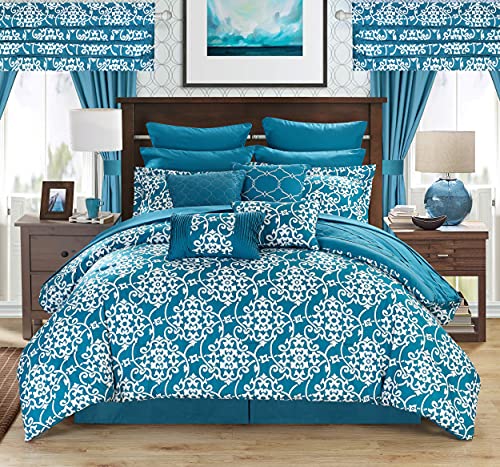 Chic Home Hailee 24 Piece Comforter Complete Bed in a Bag Sheet Set and Window Treatment, Queen, Teal