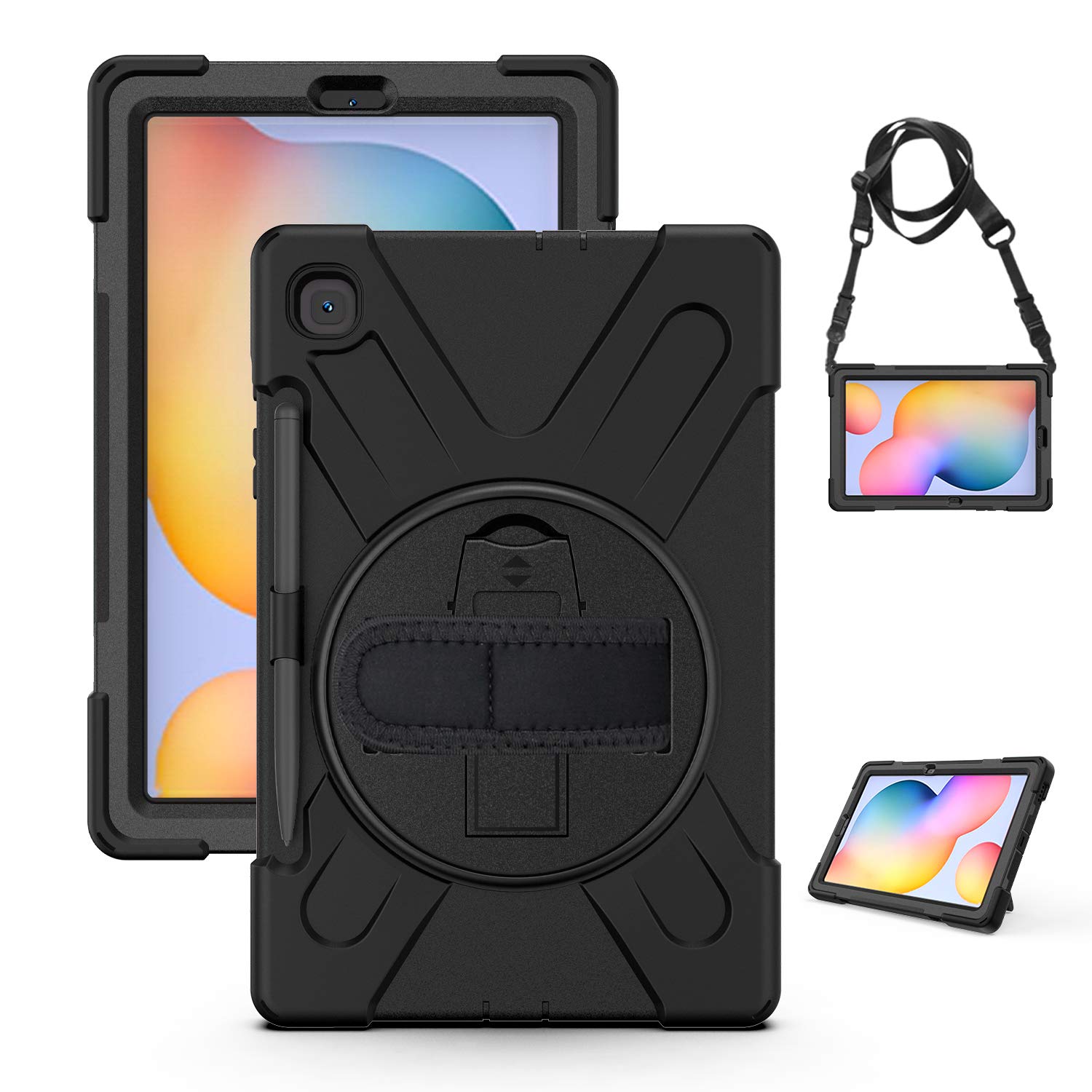 KIQ Shield Series Galaxy S6 Lite Case Heavy Duty Tablet Shockproof Rugged Tab S6 Lite Cover W/Stand Shoulder Strap for Samsung Galaxy Tab S6 Lite 10.4 Inch 2022/2020 P610/P613/P615/P619 - Black