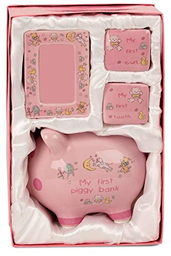 BRUBAKER My First Piggy Bank Gift Set for Baby Girl - 4 Pcs Keepsake Gift Set Includes Piggy Bank, First Curl, First Tooth and Photo Frame - Pink