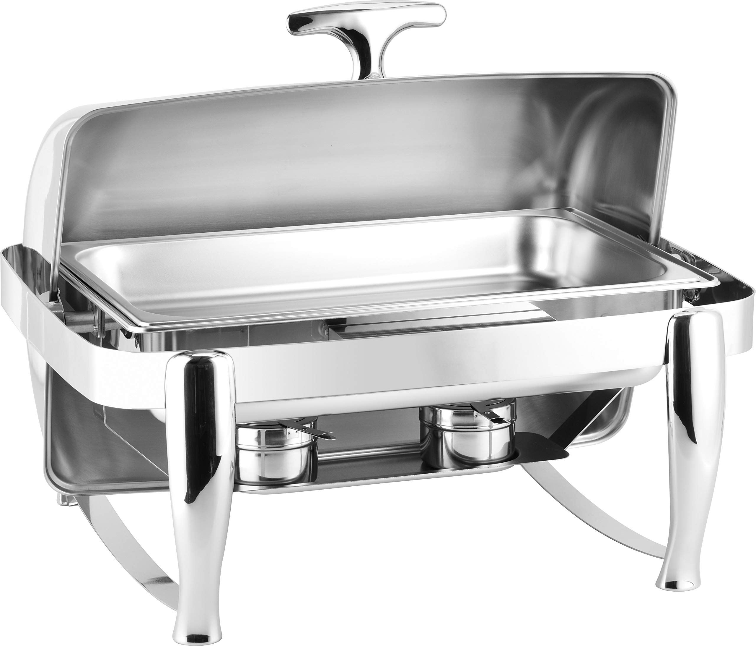 CHEFQ Virtuosa Stainless Steel Oblong 8QT Chafer, Roll-top Set Includes Food Pan, Water Pan and Fuel Holders – Durable, shiny silver, keeps food warm in catered events + CHEFS APRON