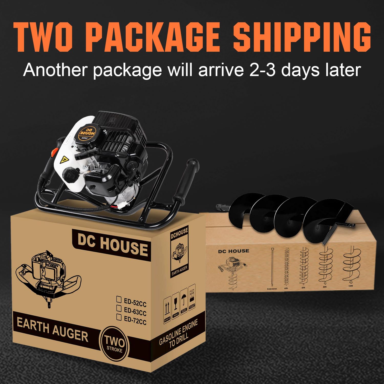 DC HOUSE 52CC 1800W Gas Powered Earth Auger Post Hole Digger, with 2 Drill Bits 6" 10" and 3 Extension Rods 8" 12" 20", Mixing Ratio 30:1, for Farmland Garden and Planting, EPA Certified