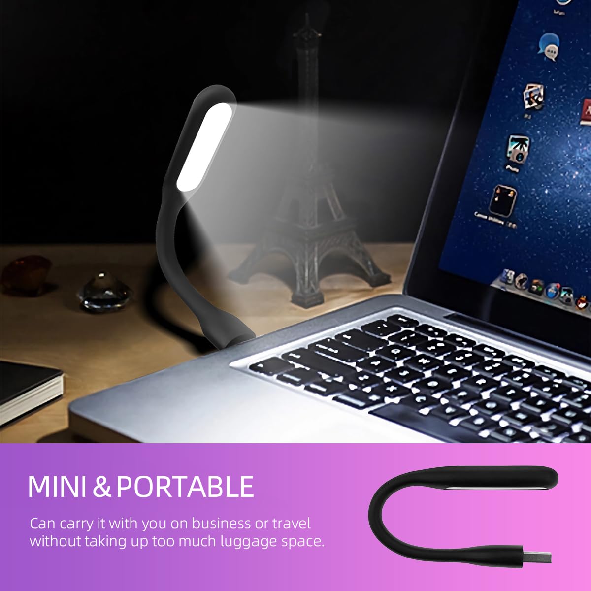 FINENIC USB LED Light Lamp for Power Bank (10 PCS) Portable Eye Care Mini Night Light with Flexible Arm, USB Gooseneck Reading Lamps Book Light,Compatible for Desktop, Notebook Laptop (10-Black)