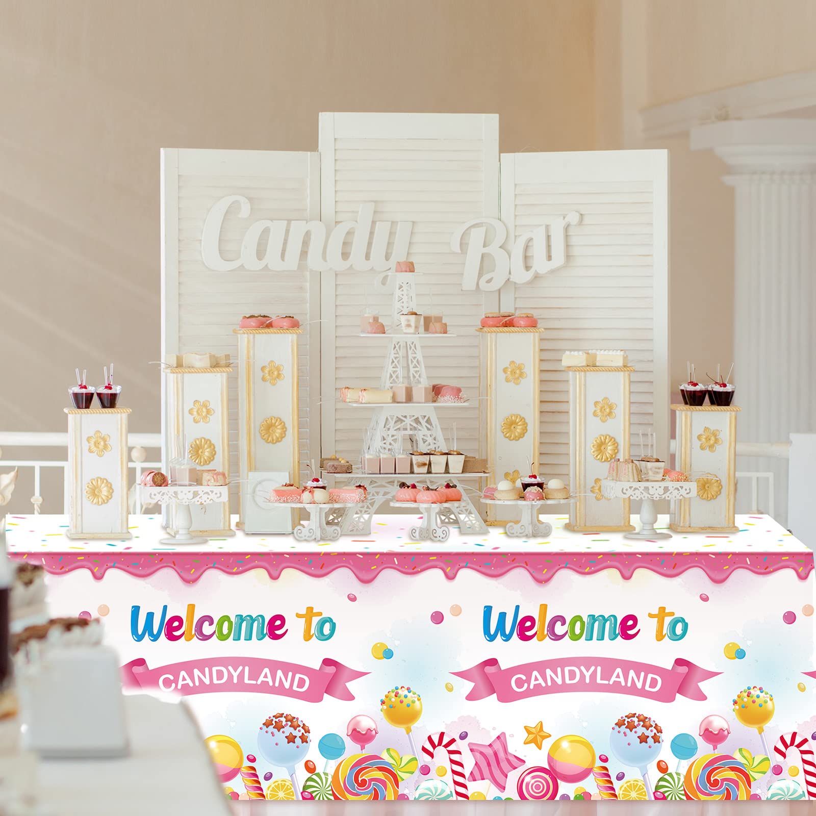 3 Pcs Candyland Party Decorations Candyland Tablecloth Candy Theme Plastic Table Cover Candy Land Lollipop Decorations for Birthday Baby Shower Candy Land Christmas Party Supplies